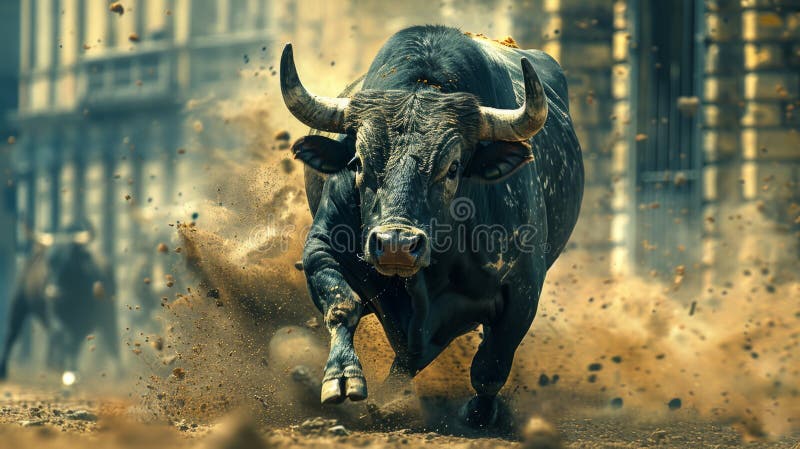 Bull Races Forward, Kicking Up Dust As it Charges through a City ...
