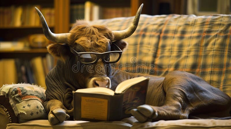 Bull Reading a Book in a Wicker Chair. Generative Ai Stock Illustration ...