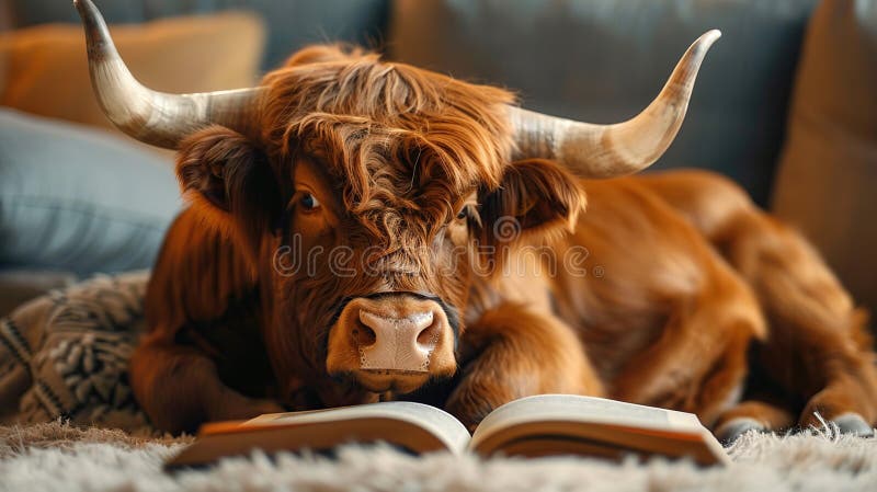Bull Reading a Book in a Wicker Chair. Generative Ai Stock Illustration ...
