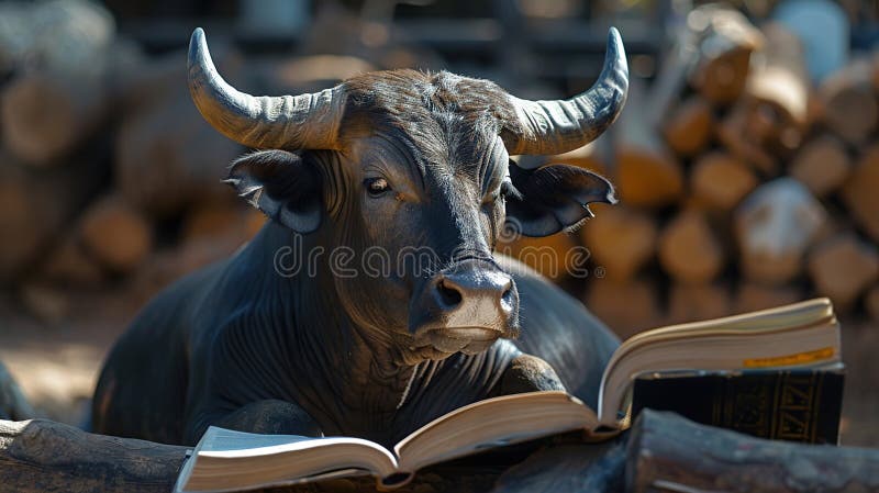 Bull Reading a Book in a Wicker Chair. Generative Ai Stock Illustration ...