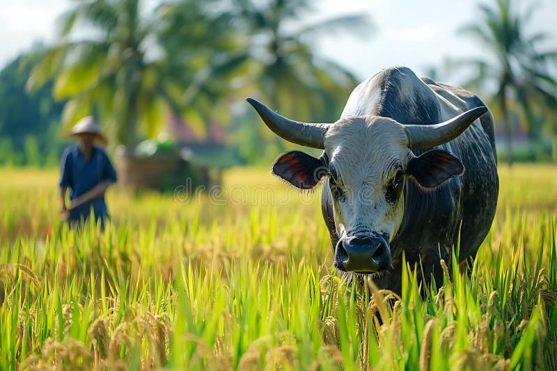 Bull in Rice Field, Farmer Working in Background, Nature Stock ...