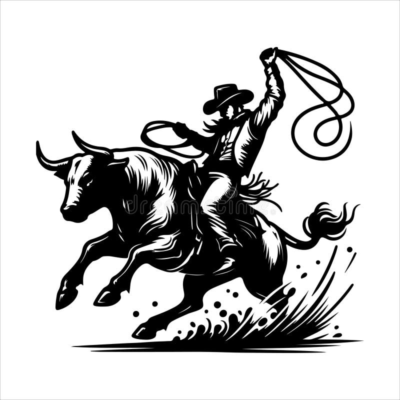A Black-and-white Illustration of a Rodeo Scene Featuring a Cowboy ...
