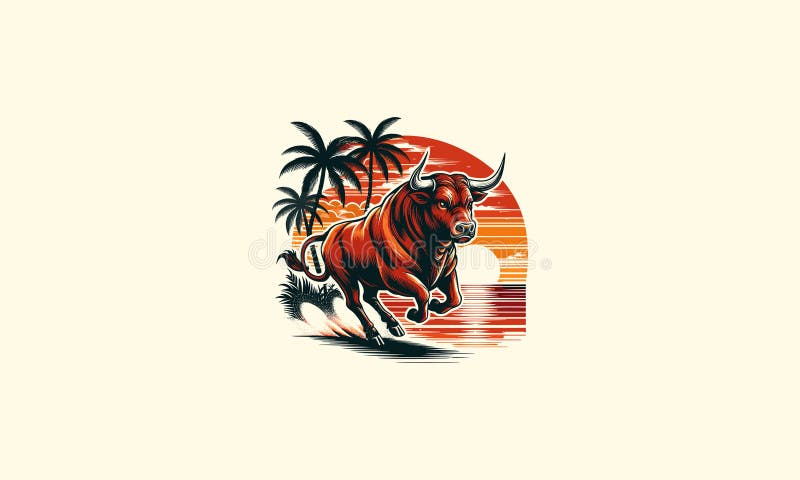 Bull Running on Beach Sunset and Palm Vector Flat Design Stock Vector ...