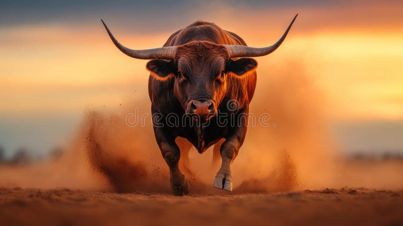A Bull Running through the Dirt in a Field with Sun Setting, AI Stock ...
