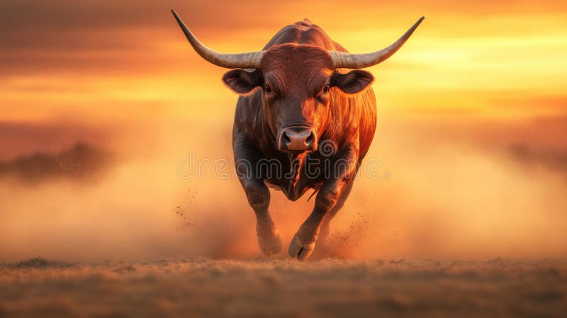 A Bull Running through the Dirt at Sunset with a Cloud in Front of it ...