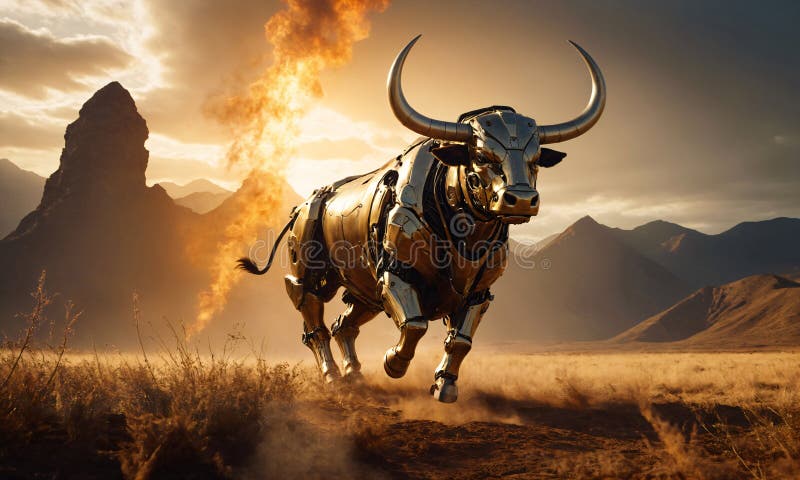 Bull Running in the Steppe at Sunset Stock Illustration - Illustration ...