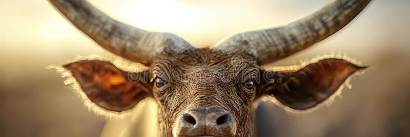 A Bull S Close-up Face with Extended Horns and a Sunburst Backdrop ...