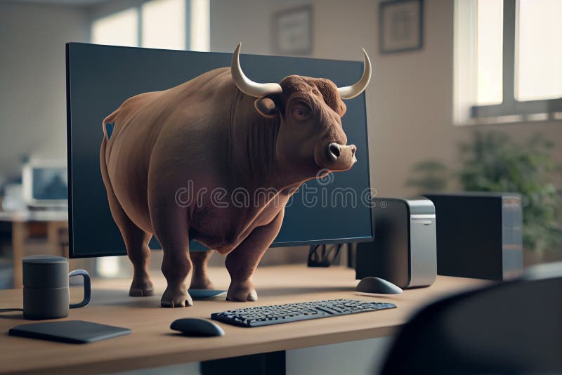 Bull is Sitting at the Office Table in Front of a Computer.generative ...