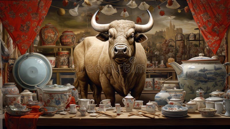 Bull Standing in a China Shop Stock Illustration - Illustration of ...