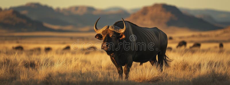 Bull Standing in Golden Grassland in Blurred Background at Sunset Stock ...