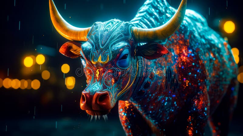 Bull that is Standing in the Rain with Lot of Lights Behind it ...