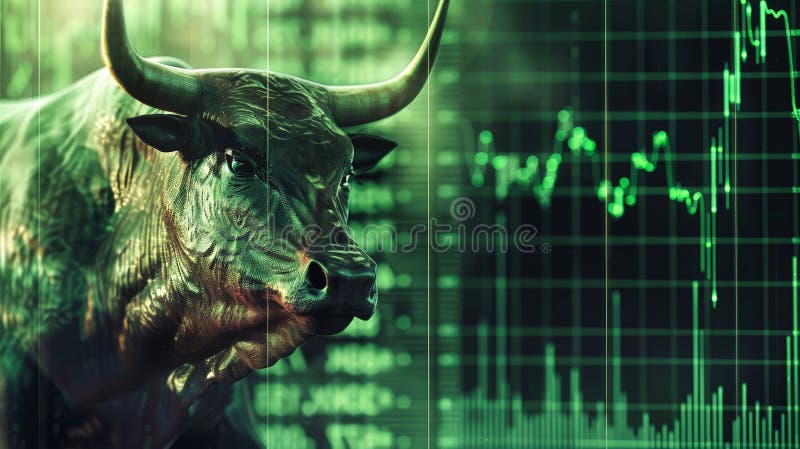 A Bull Stands in Front of a Digital Background Filled with Stock Charts ...