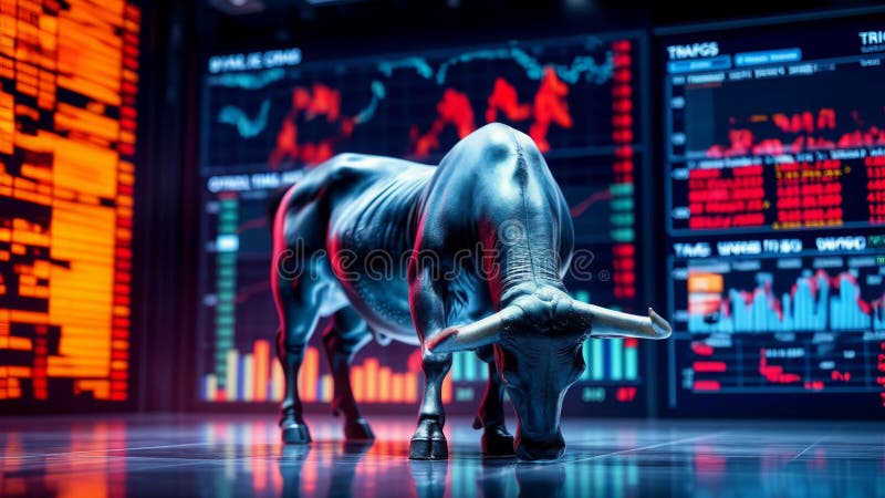 A Bull Stands Prominently Against a Backdrop of Dynamic Stock Market ... A Bull Stands Prominently Against a Backdrop of Dynamic Stock Market ...