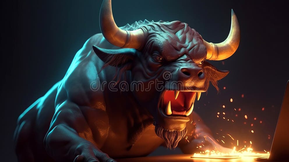 Bull Trader Working at the Computer Stock Illustration - Illustration ...