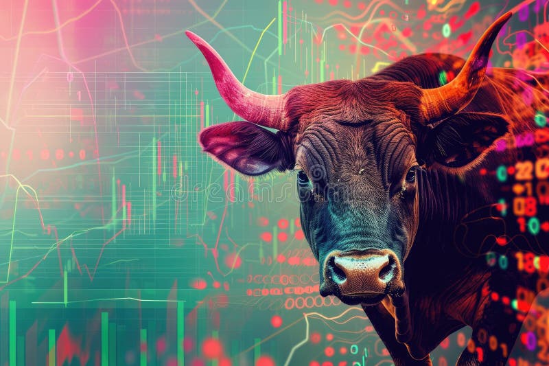 Bull on a Vibrant Background with Cryptocurrency Trading Charts and ...