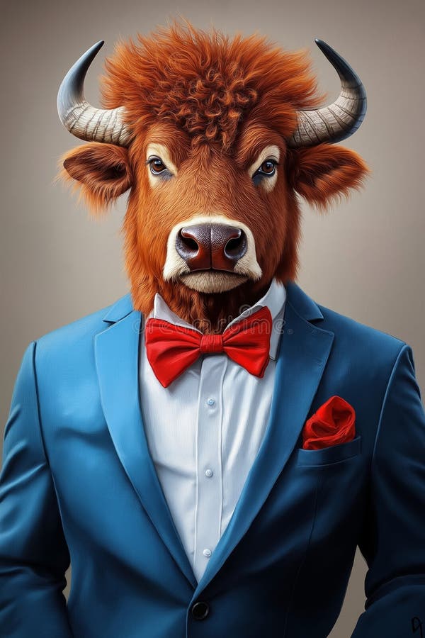 A Bull Wearing a Blue Suit and a Red Bow Tie Stock Image - Image of ...