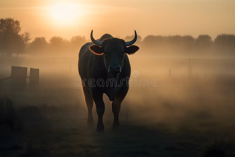 Bull in the Wild, Landscape with Sunset or Sunrise. Neural Network AI ...