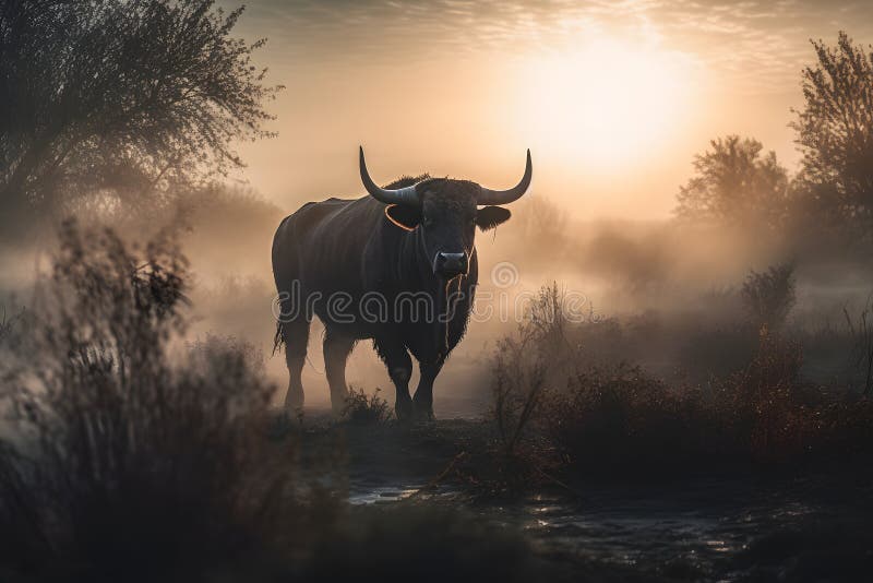 Bull in the Wild, Landscape with Sunset or Sunrise. Neural Network AI ...