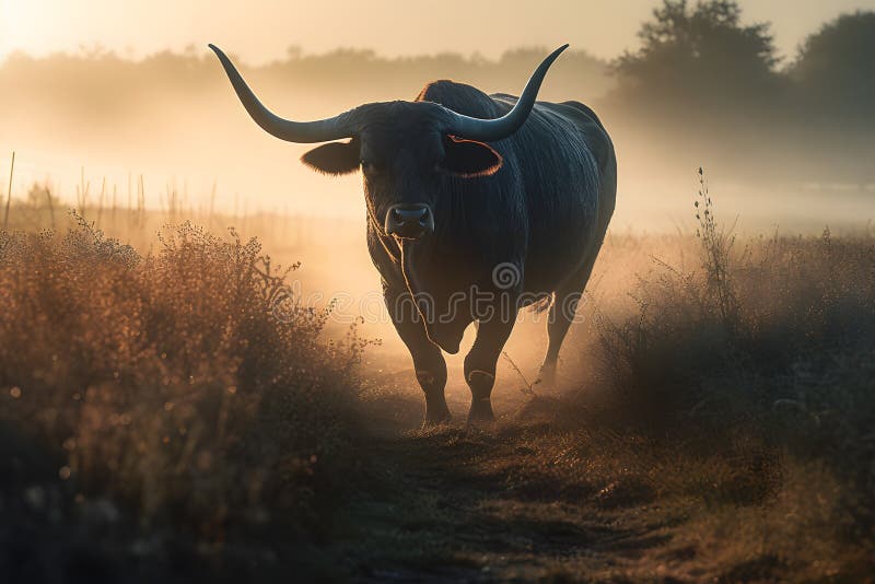 Bull in the Wild, Landscape with Sunset or Sunrise. Neural Network AI ...