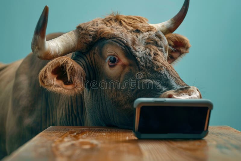 A Bull with a Worried Expression Looking at a Tiny Phone Screen ...