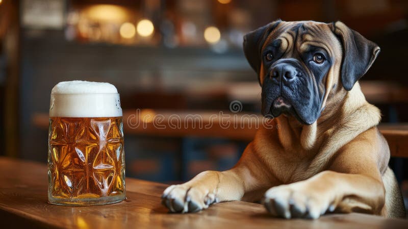 Bulldog Posing with Pint of Beer at Wooden Pub Table Stock Image ...