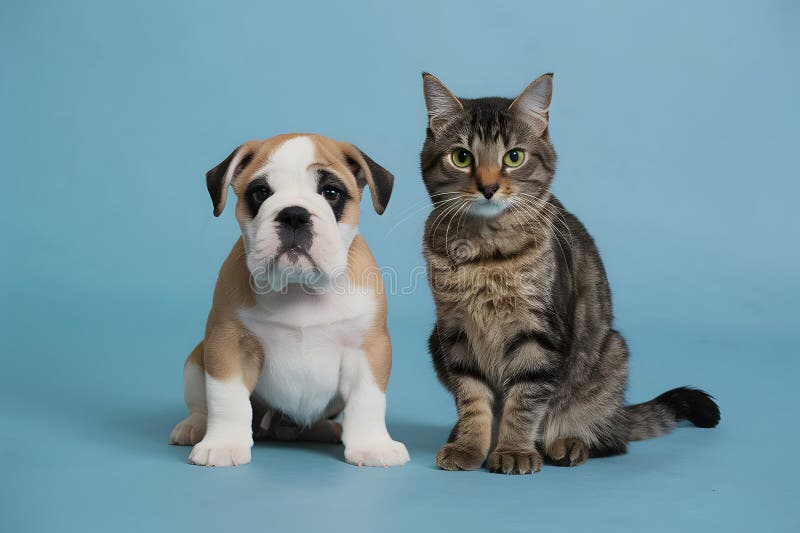 Bulldog Puppy and Tabby Cat Pose Against Light Blue Backdrop Stock ...