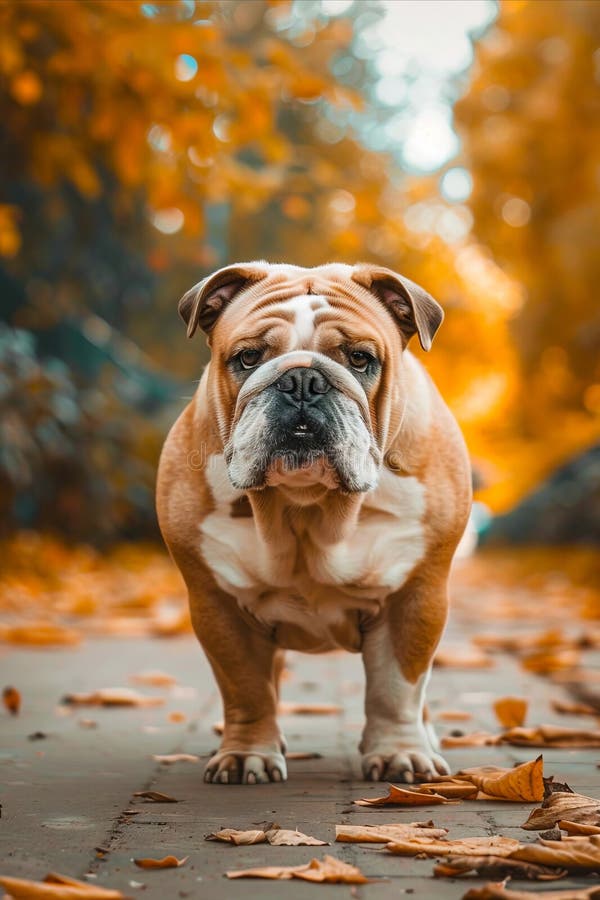 A Bulldog Standing in the Fall Leaves Stock Photo - Image of leave ...