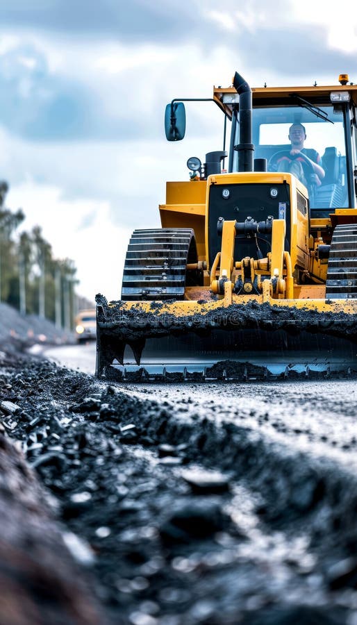 Bulldozer in Action on Asphalt Road Showcasing Powerful Construction ...