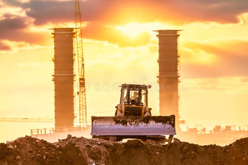 Bulldozer in the Building Site. Stock Image - Image of silhouette, soil ...