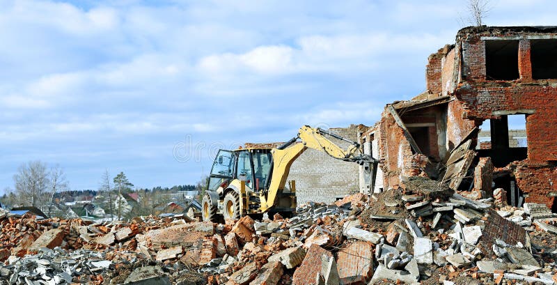 Bulldozer on a Building Site is Breaking Old Brick Building Stock Photo ...