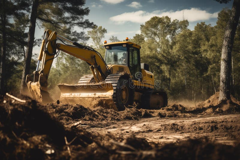 Bulldozer Clearing Trees and Brush from a Plot of Land, Preparing it ...