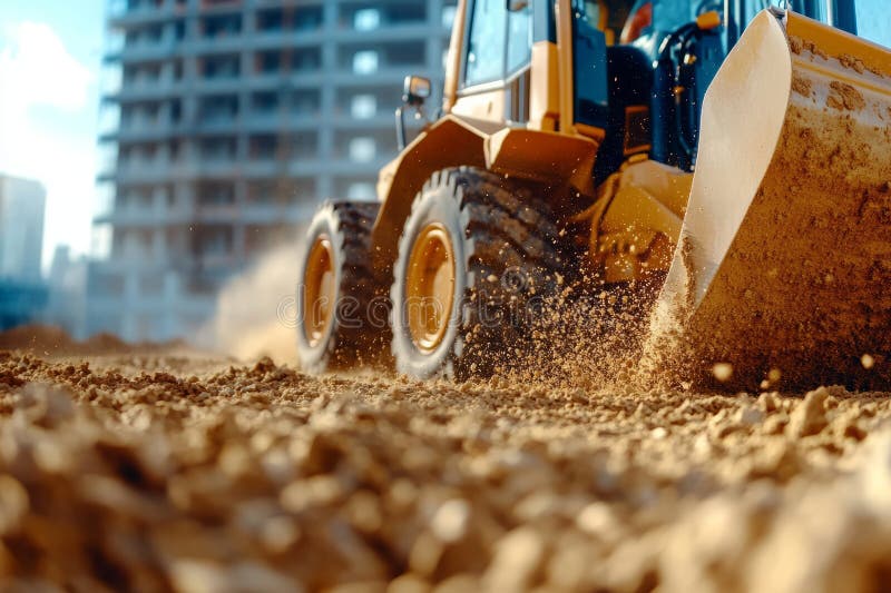 Bulldozer at a Construction Site Clearing Soil, with a Building Under ...