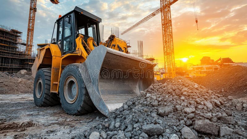 Bulldozer at Construction Site during Sunset with Tower Cranes and ...