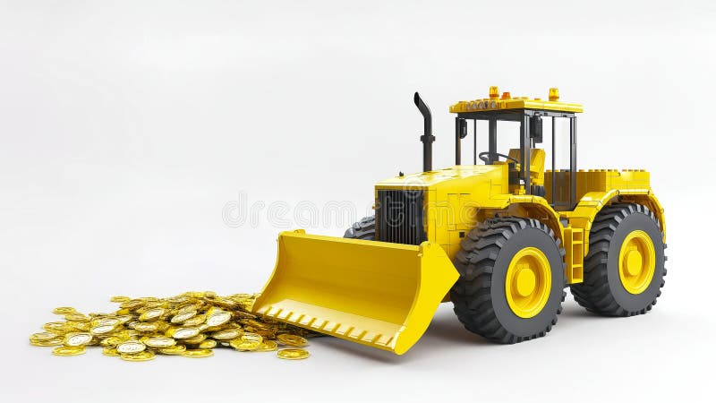 Construction Block Bulldozer with Digger Bucket and Scattered Golden ...