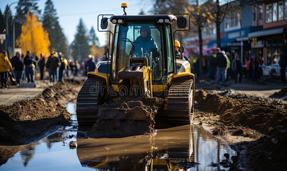 Bulldozer Digging through Water Puddle Stock Image - Image of bulldozer ...