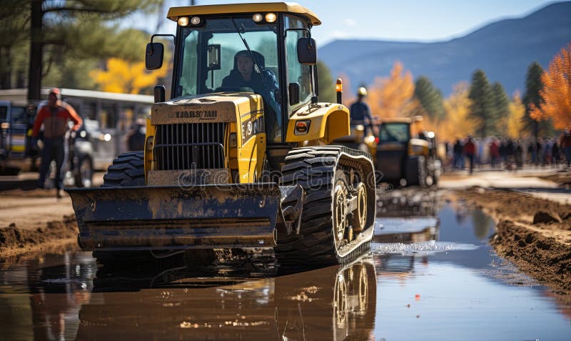 Bulldozer Driving through Water Stock Image - Image of construction ...