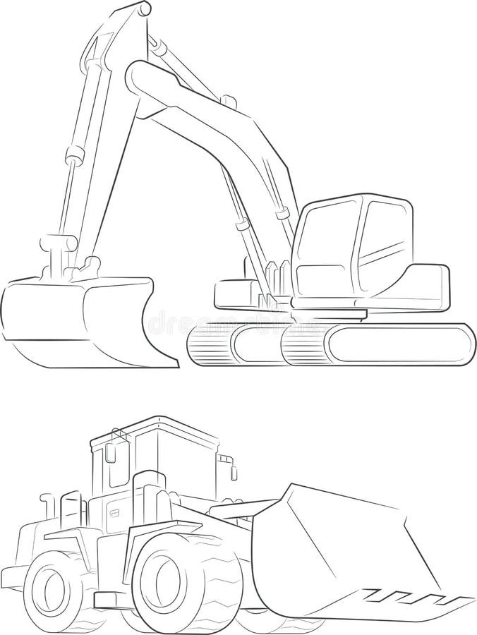 Bulldozer & Excavator Vector Line Art Stock Vector - Illustration of ...