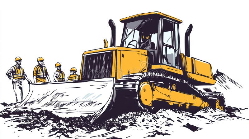 Bulldozer Illustration Construction Workers Heavy Equipment Machinery ...