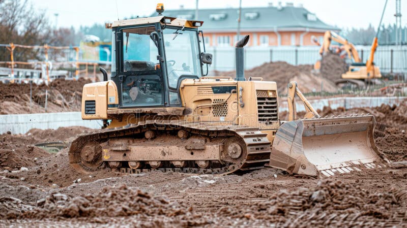 Bulldozer Leveling the Ground at a Construction Site in an Urban ...