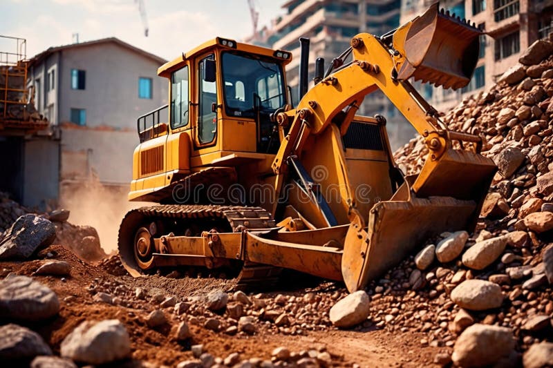 Bulldozer Moving Rocks at Construction Site or Mine Quarry Stock ...