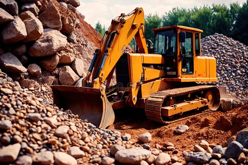 Bulldozer Moving Rocks at Construction Site or Mine Quarry Stock ...