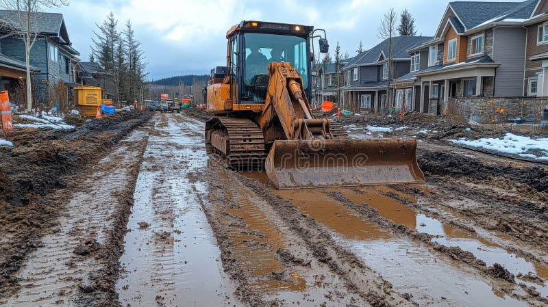 Bulldozer Working on Muddy Construction Site during Early Spring, with ...