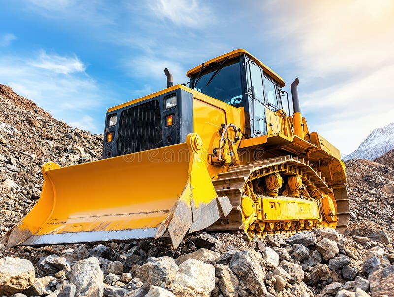 Bulldozer Navigating a Rocky Hillside Emphasizing the Challenge of ...