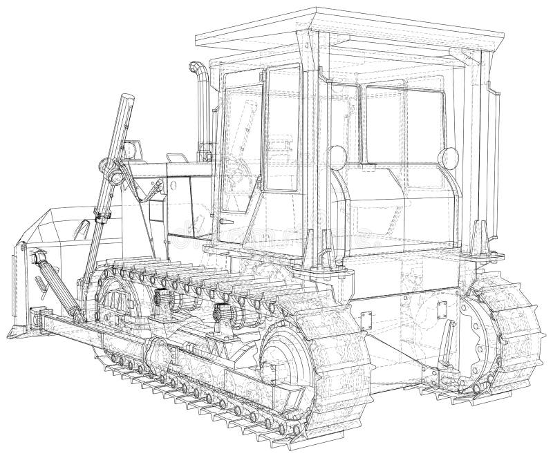Bulldozer In Outline Style. Front, Side And Back View Of Digger ...