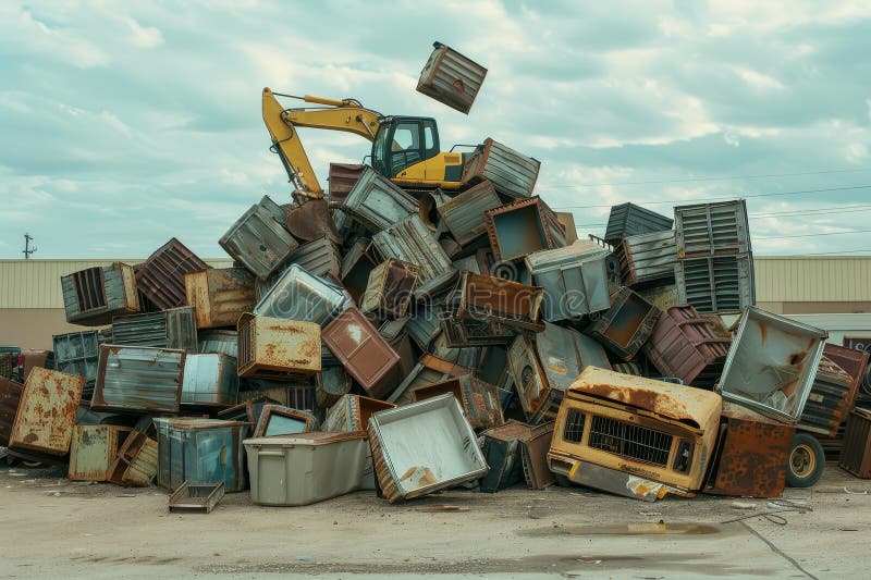 A Bulldozer Perched on a Stack of Crates, Heavy Objects Raised Overhead ...
