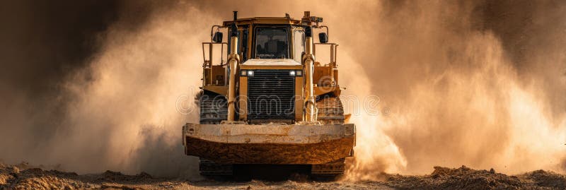 Bulldozer Operates in Dusty Terrain at Construction Site Under Clear ...
