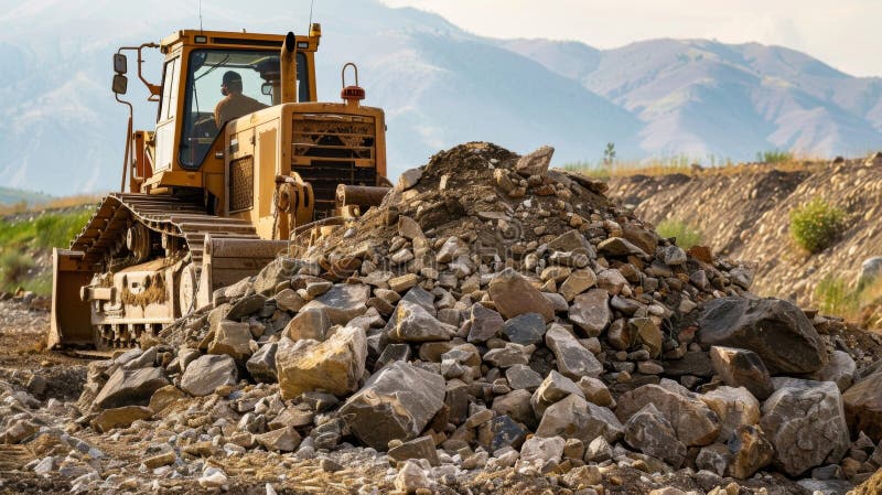 A Bulldozer Pushes a Large Pile of Rocks and Dirt Creating a Path for ...