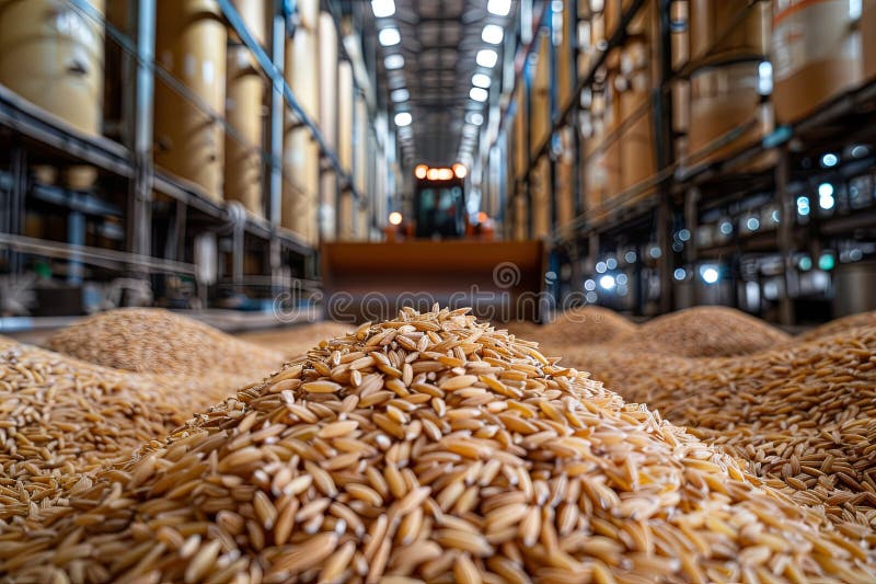 A Bulldozer Pushes a Pile of Dried Grain Inside a Huge Wheat Storage ...