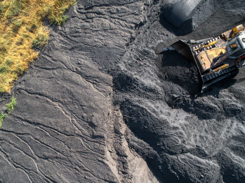Bulldozer is Pushing Hard Coal. Large Coal Heap Stock Photo - Image of ...