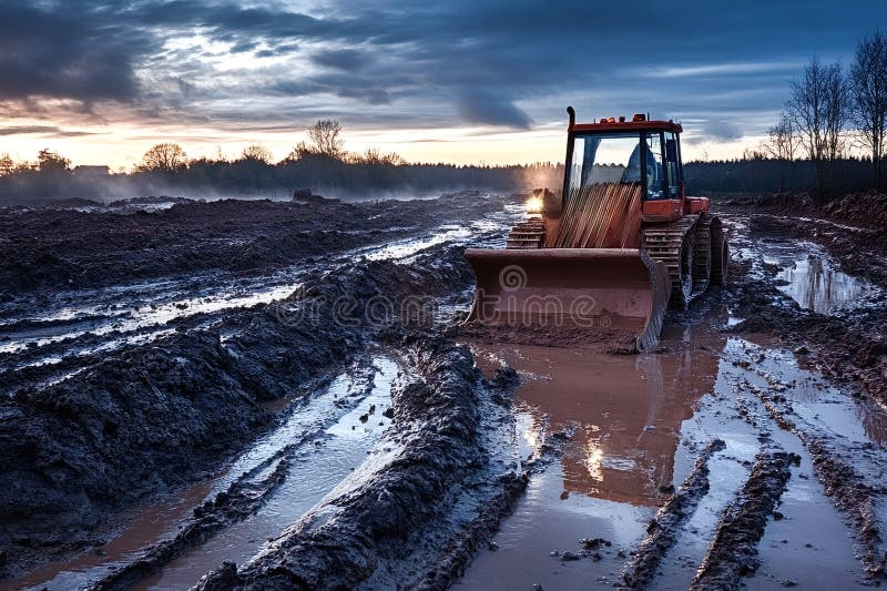 Bulldozer Stuck in Mud on Construction Site at Sunset Stock Image ...